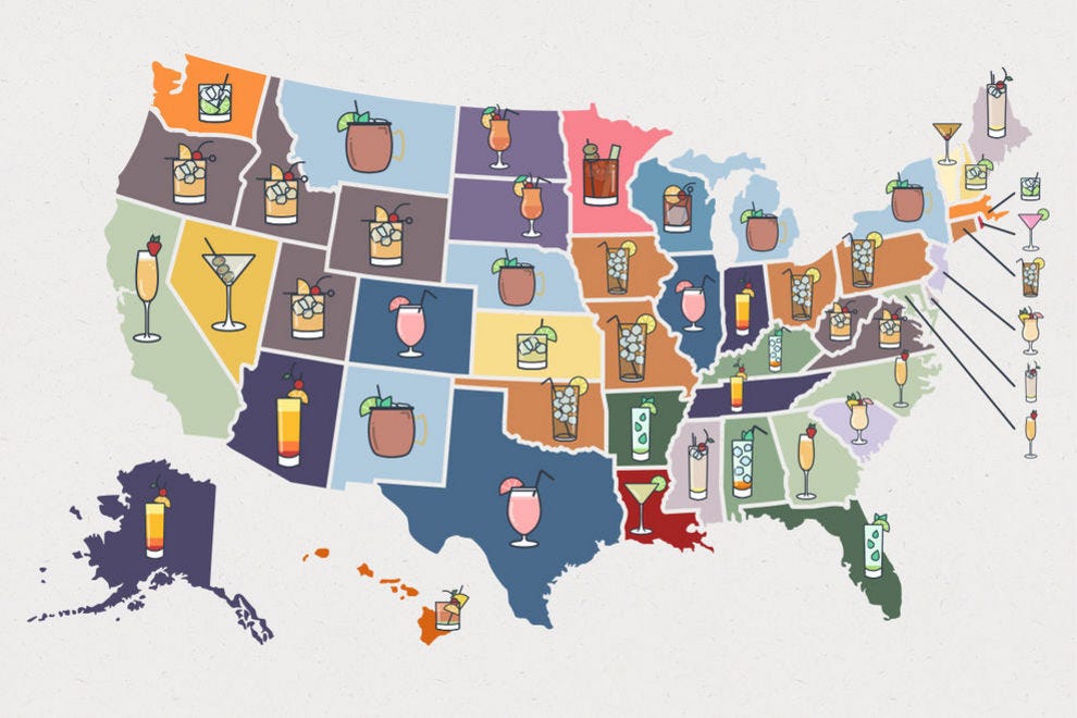 This map shows the most popular cocktail in every state